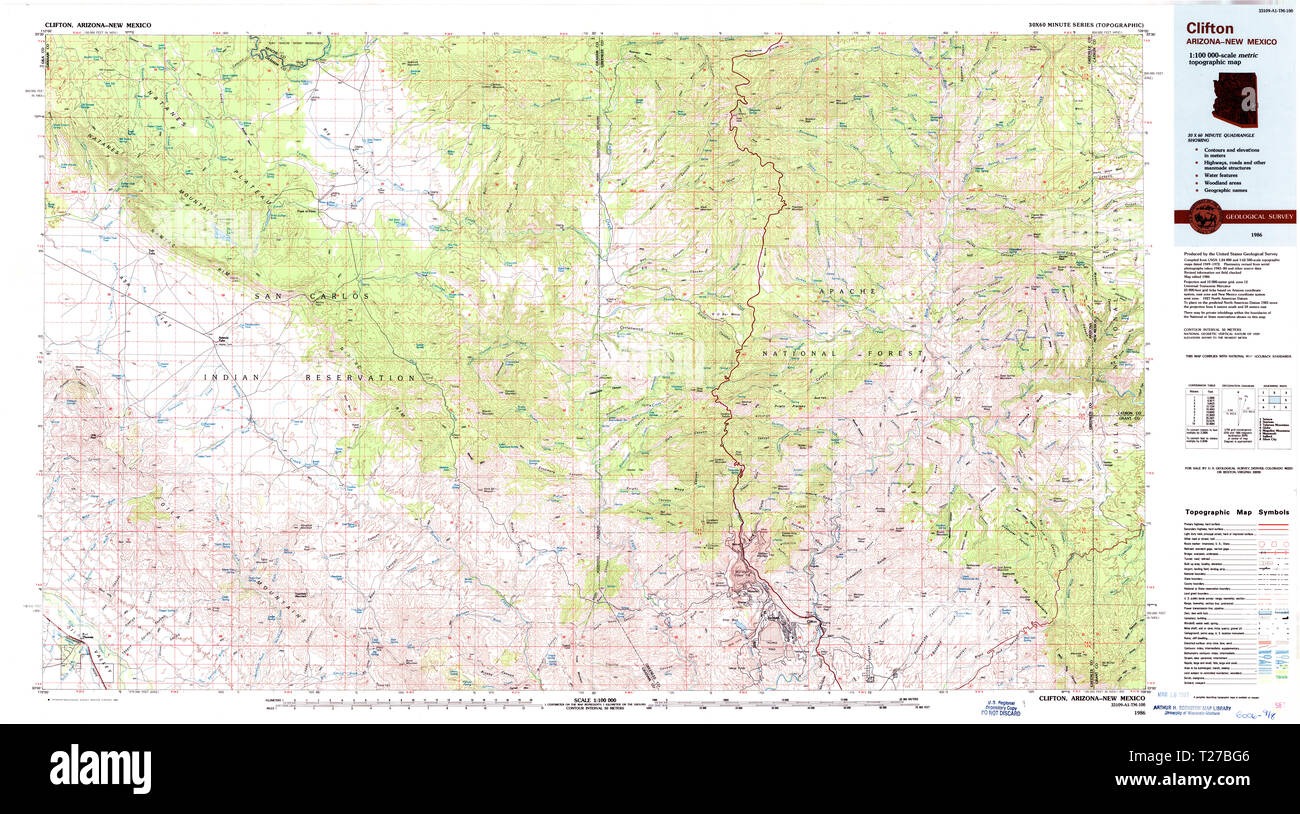USGS TOPO Map Arizona AZ Clifton 705232 1986 100000 Restoration Stock ...
