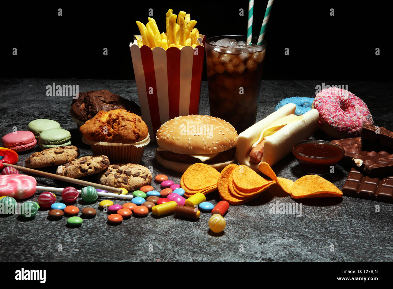 Unhealthy products. food bad for figure, skin, heart and teeth ...