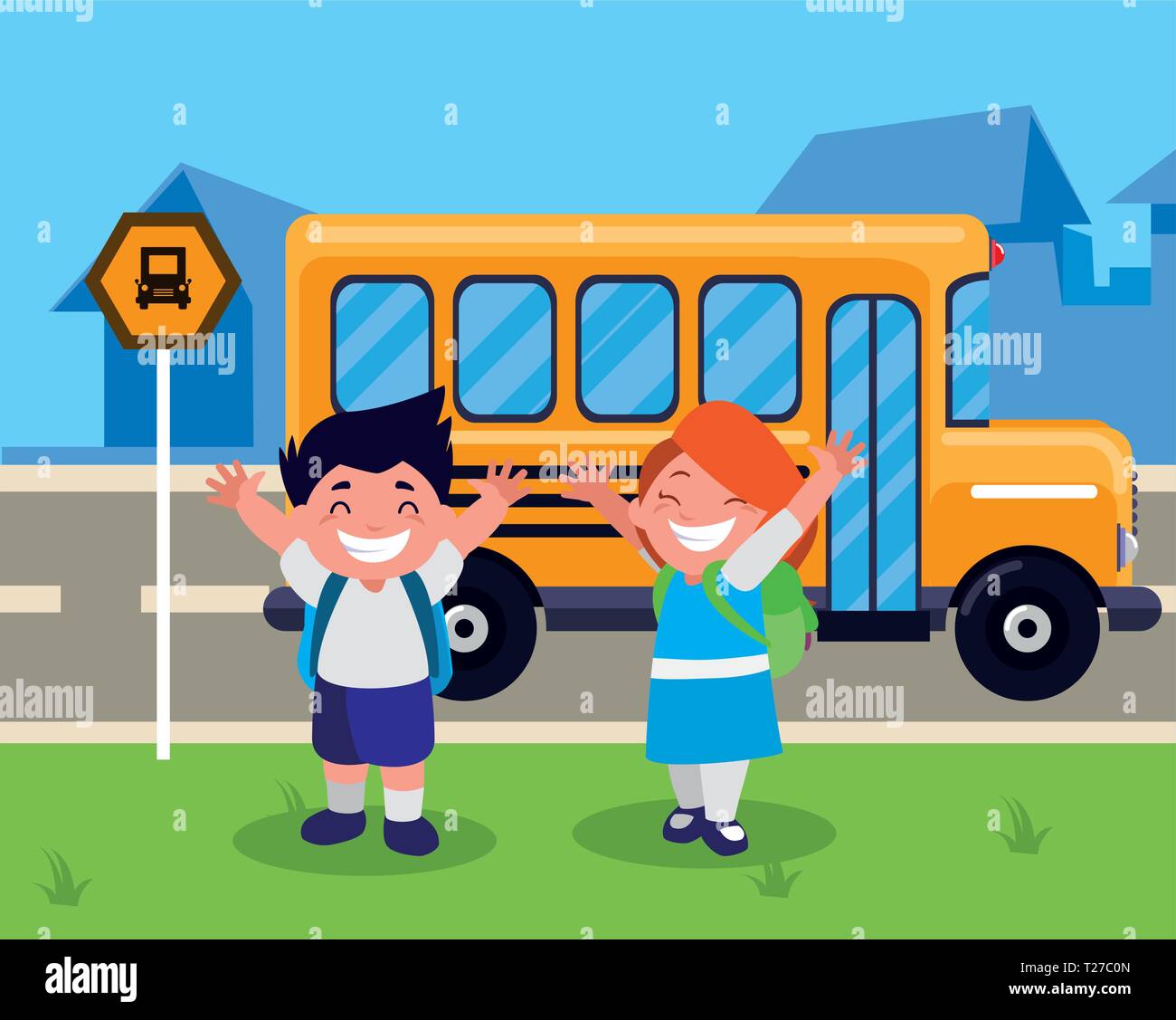 happy little school kids in the bus stop vector illustration design ...