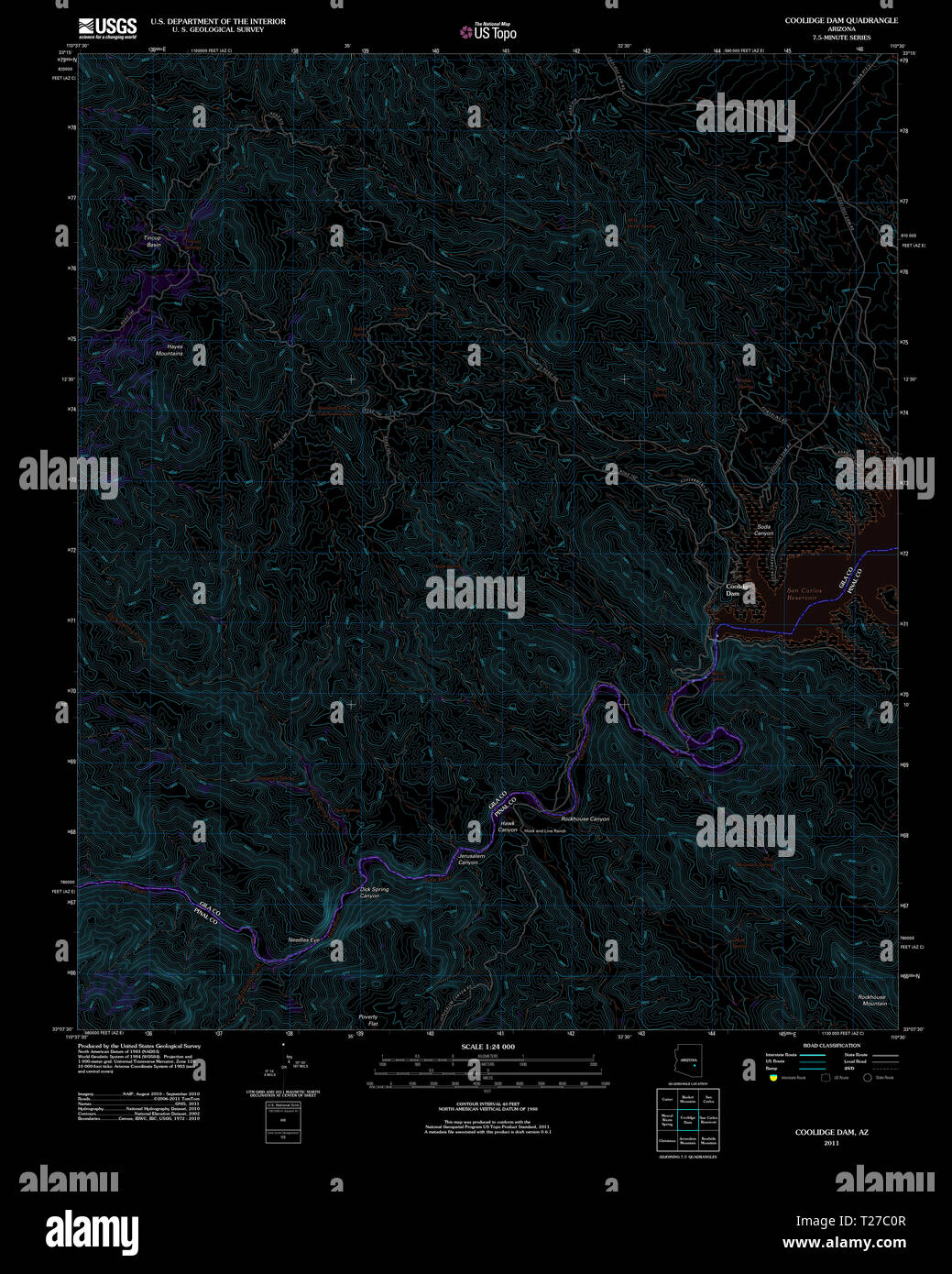 USGS TOPO Map Arizona AZ Coolidge Dam 20111205 TM Inverted Restoration ...