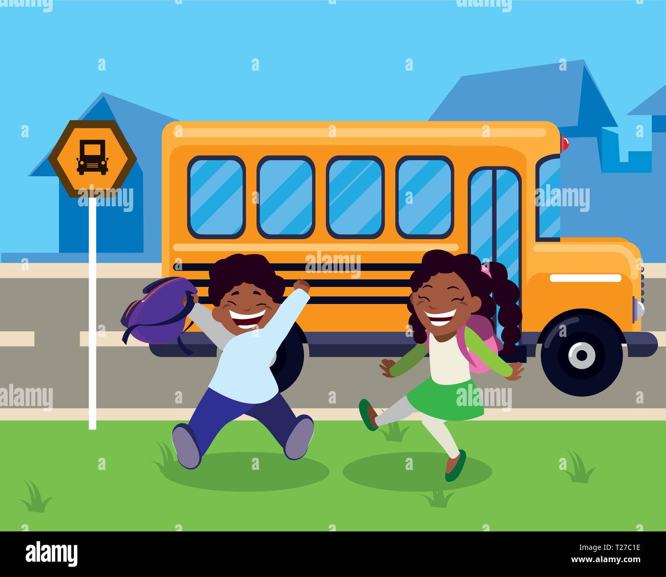 happy little black school kids in the bus stop vector illustration ...