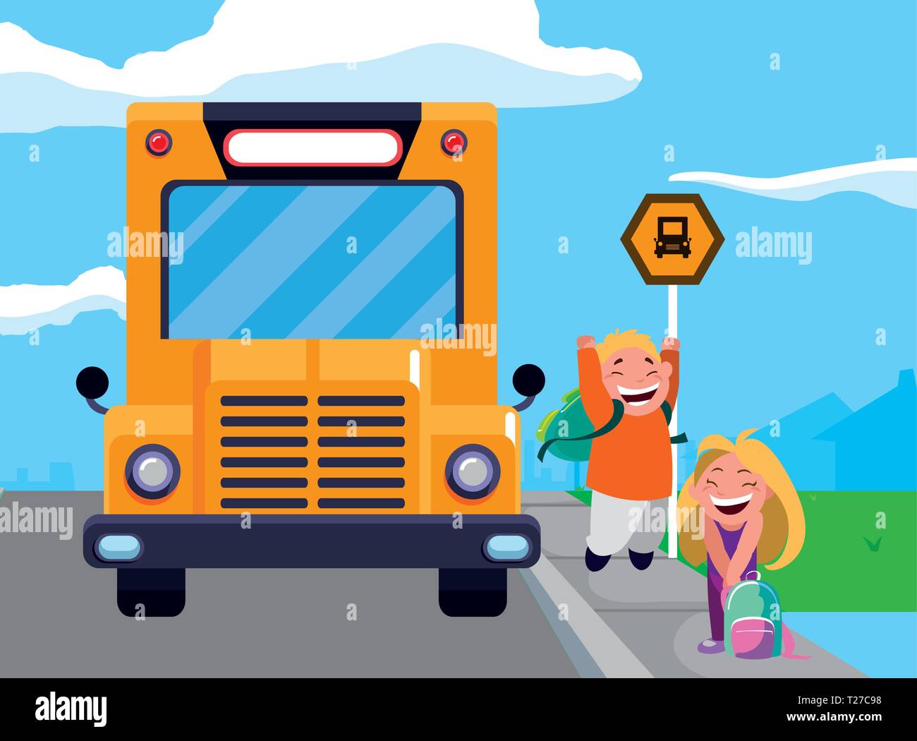 happy little school kids in the bus stop vector illustration design ...