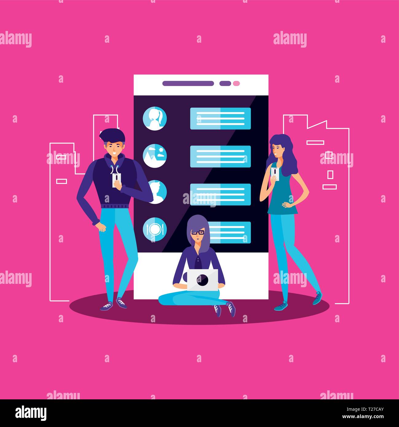 people with smartphone and social media icons vector illustration ...