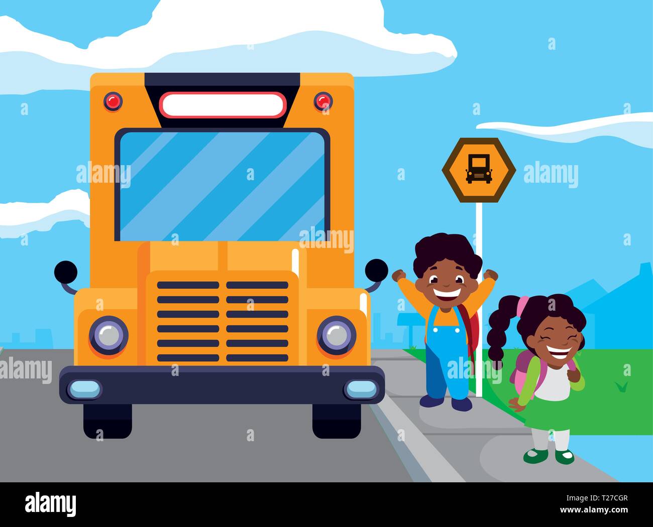 happy little black school kids in the bus stop vector illustration ...