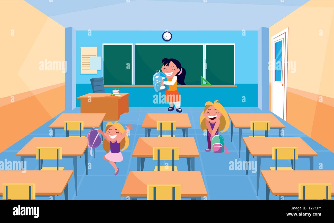happy little school girls in the classroom vector illustration design ...
