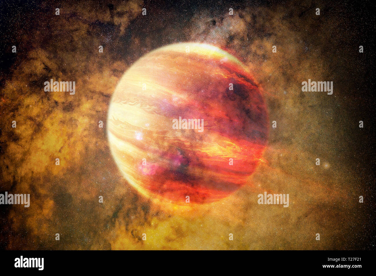 Abstract artistic glowing red planet in a multicolored galaxy ...