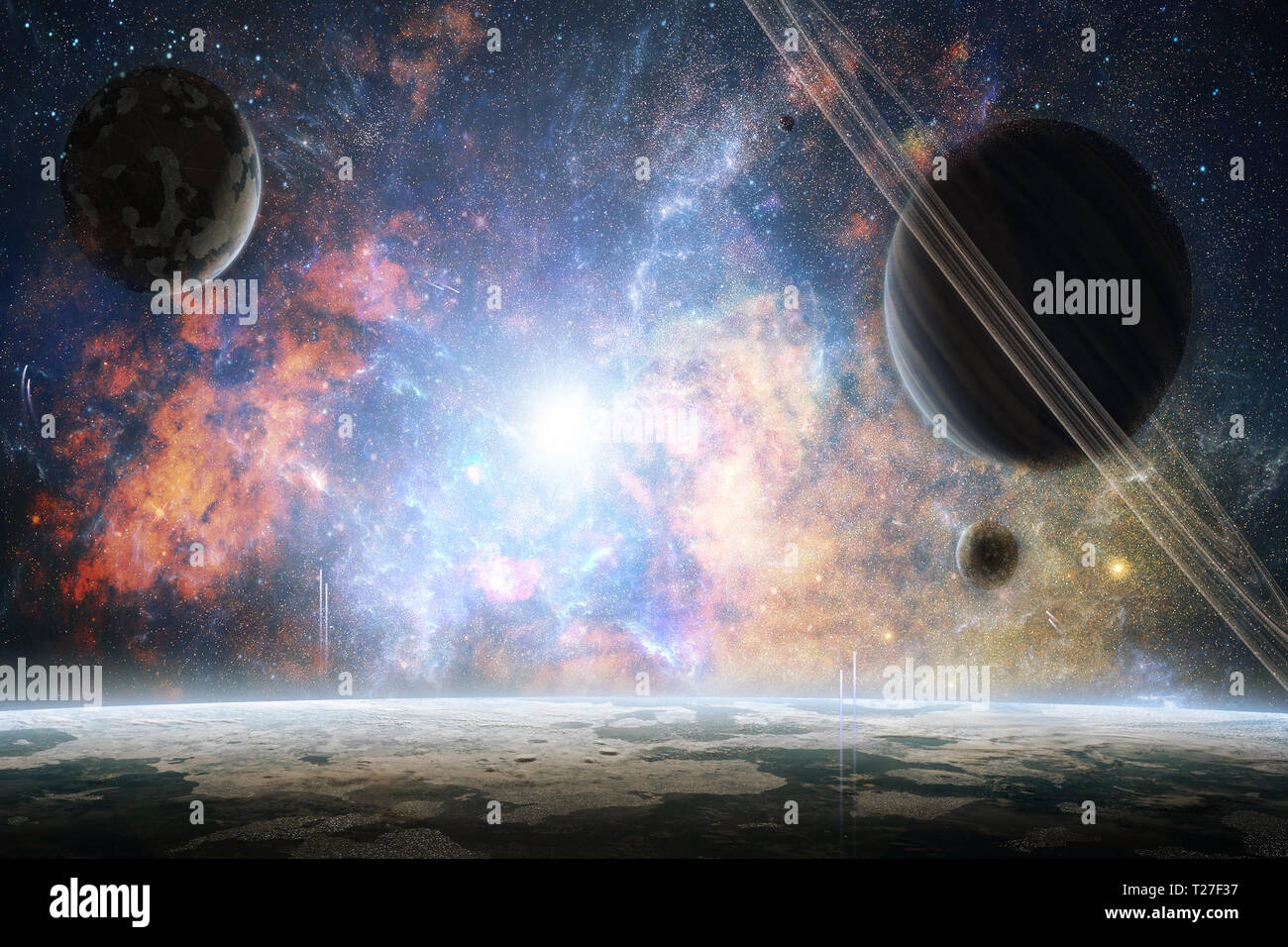Abstract artistic planets in a bright colorful galaxy background Stock ...