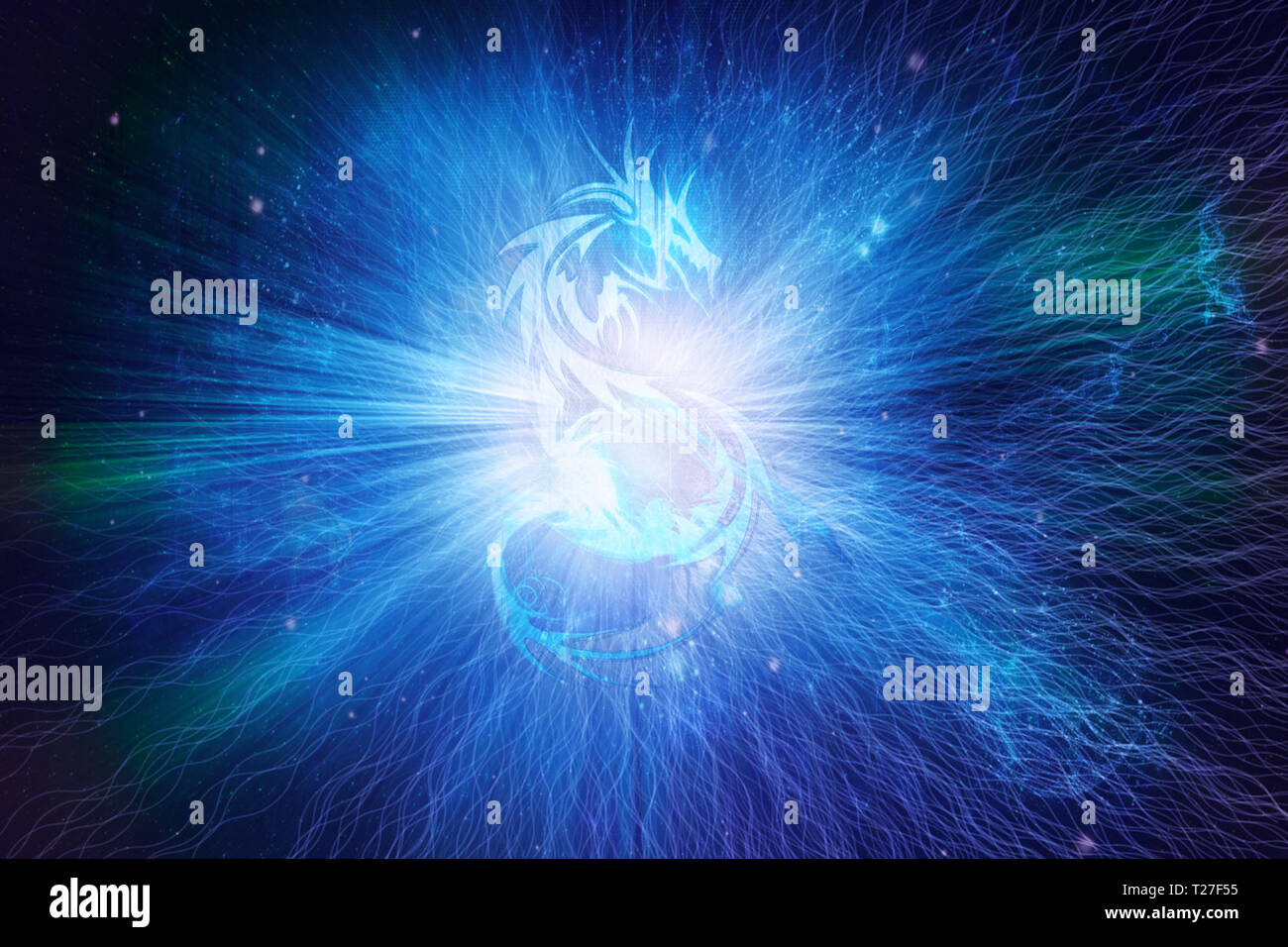 Abstract artistic bright digital modern cyan snake about to explode ...