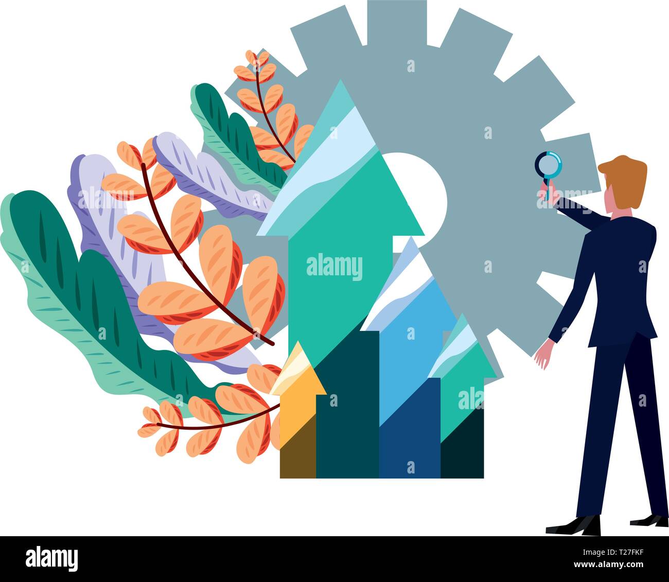businessman with magnifier gear arrows bank vector illustration vector ...