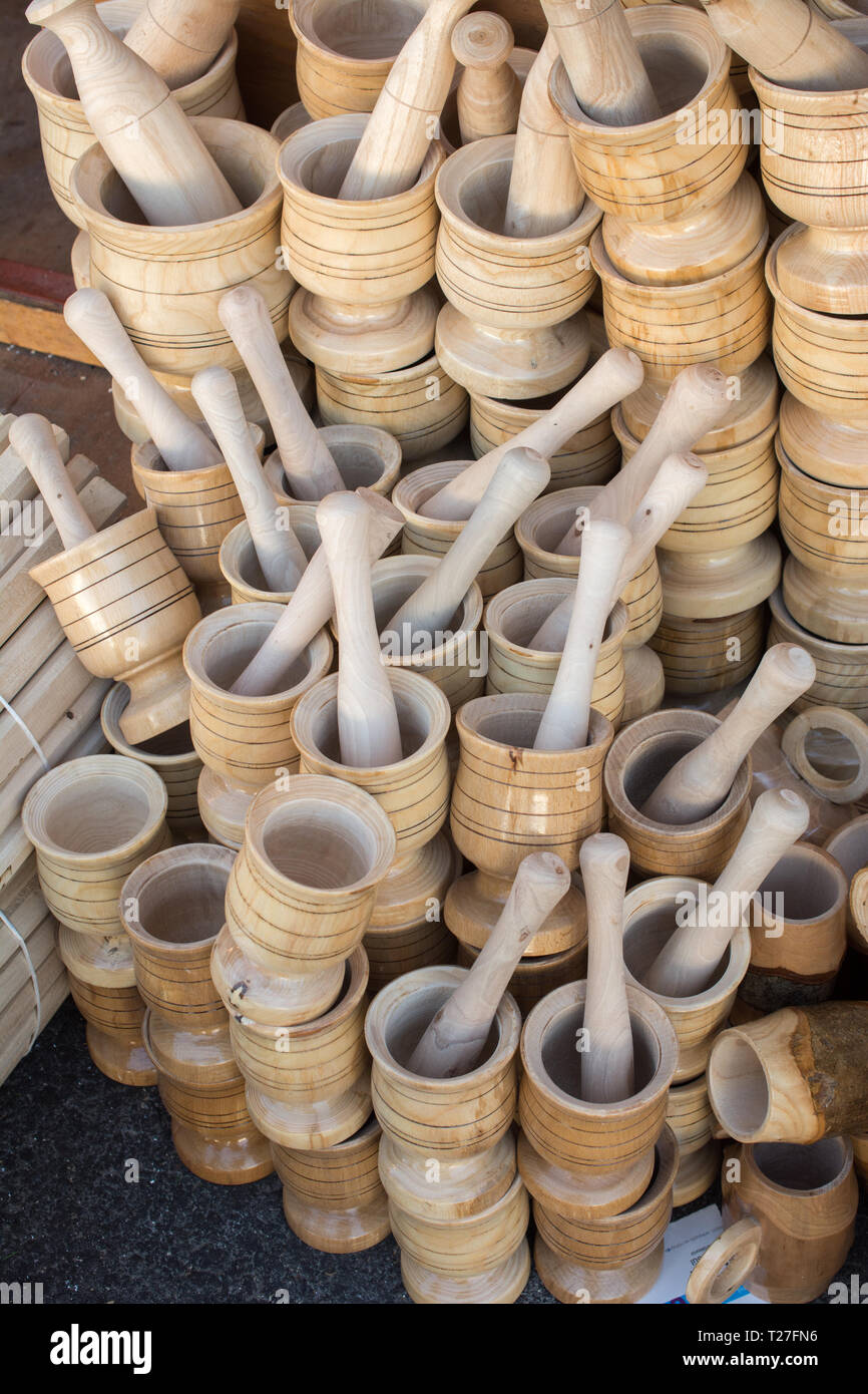 wooden mortars and pestles as a traditional kitchenware Stock Photo - Alamy