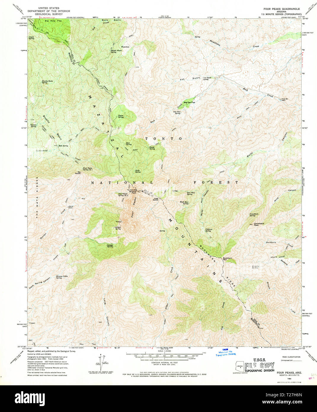 USGS TOPO Map Arizona AZ Four Peaks 311395 1964 24000 Restoration Stock ...