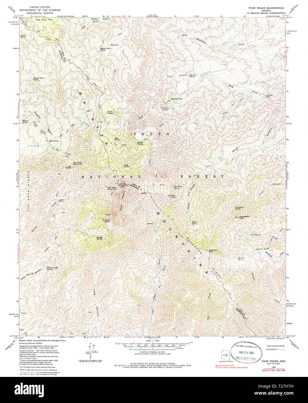 USGS TOPO Map Arizona AZ Four Peaks 311397 1964 24000 Restoration Stock ...