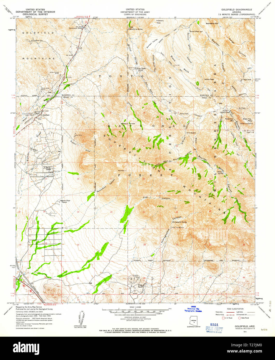 USGS TOPO Map Arizona AZ Goldfield 311506 1956 24000 Restoration Stock ...