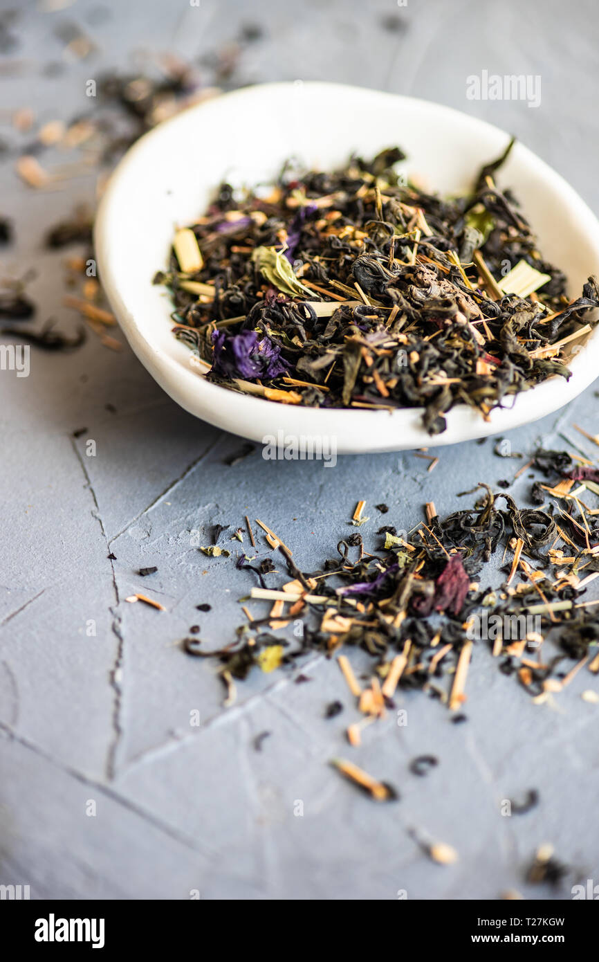 Floral tea in a ceramic bowl on rustic background with copy space Stock ...