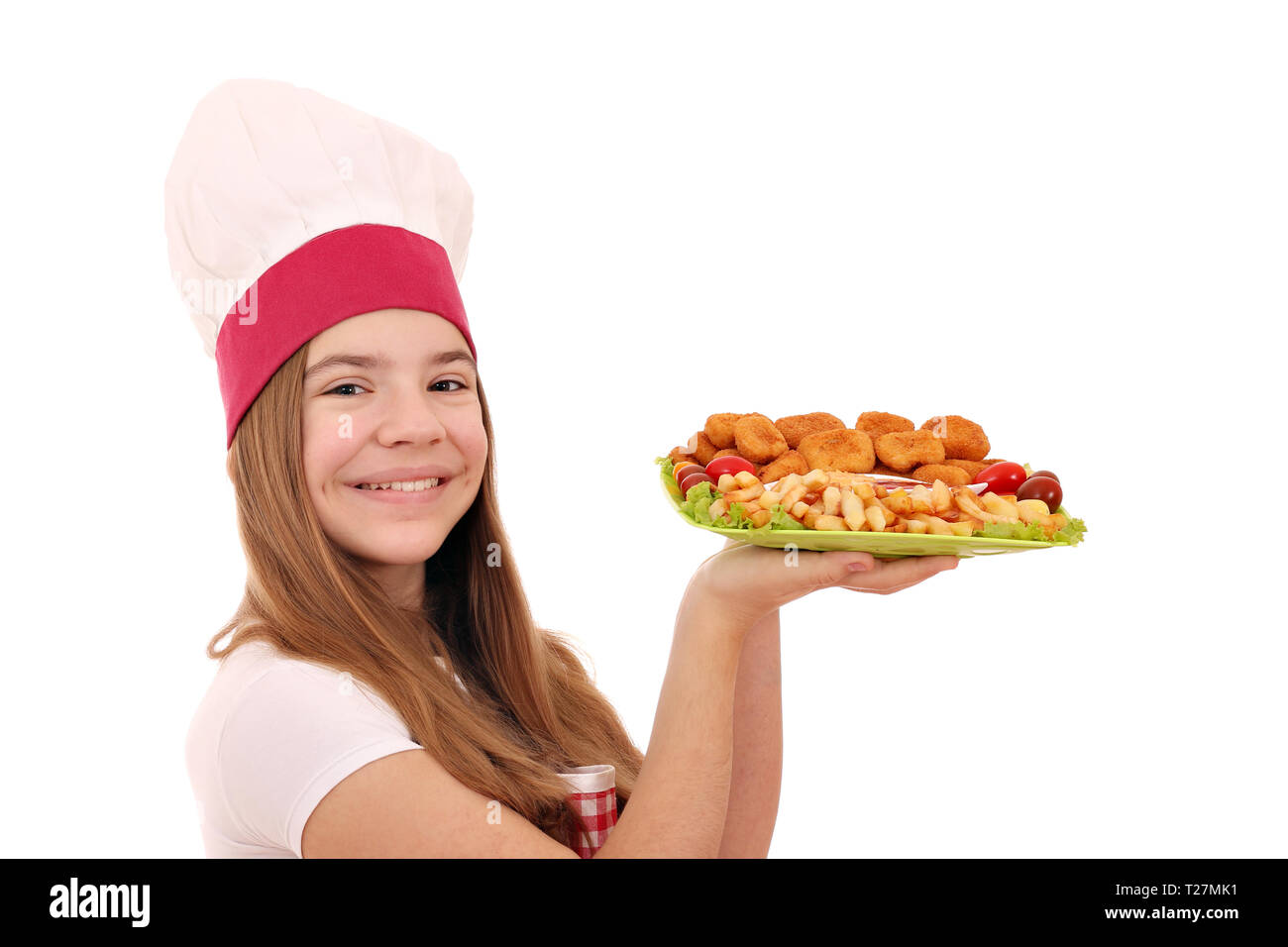 Happy girl cook with chicken nuggets and french fries fast food Stock ...