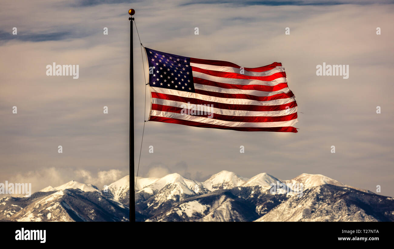 FEB 14, 2019 - MOAB, UTAH, USA - American Flag flies over Lasalle ...