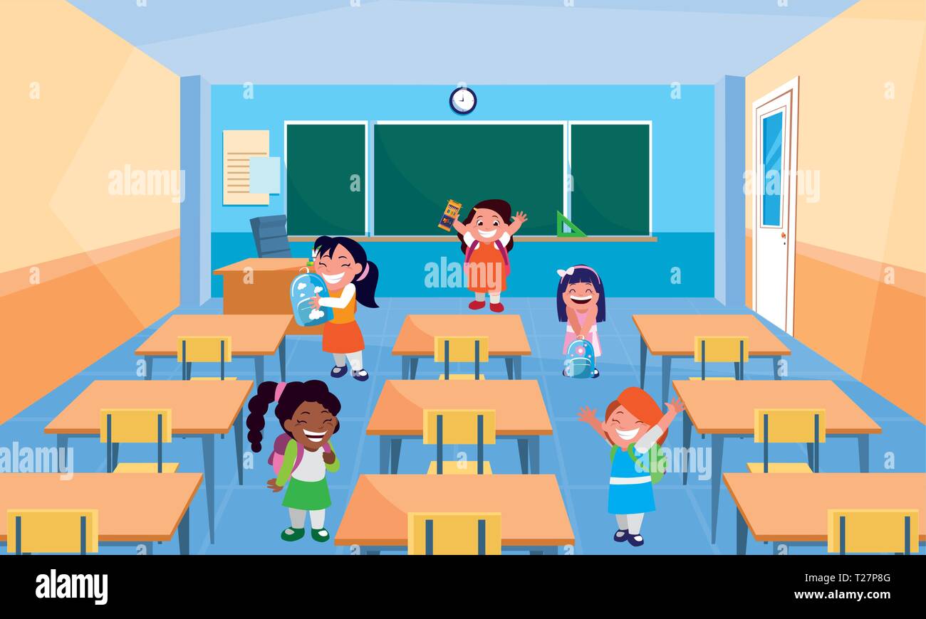 happy little school interracial girls in the classroom vector ...