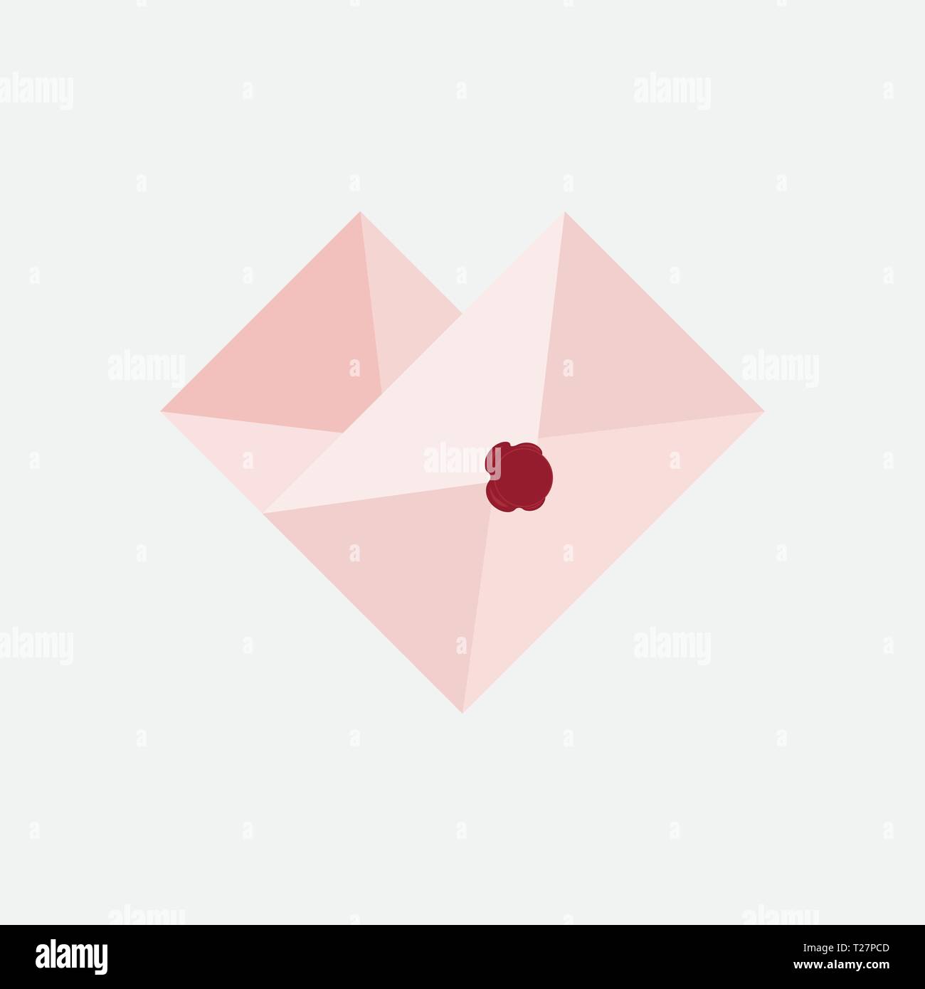 Vector love icon pink envelope. In the envelope is a card with a heart ...