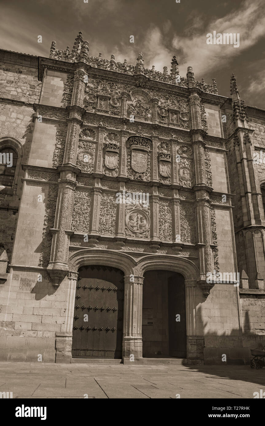Facade with open wooden gateway of the Salamanca University in ...