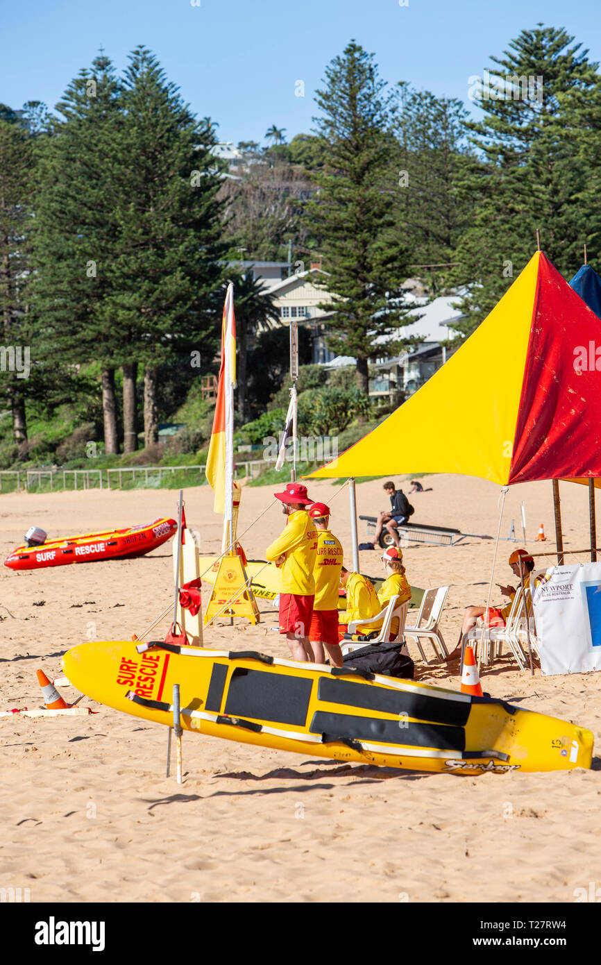 Australian surf rescue volunteers on patrol on Newport beach in Sydney ...