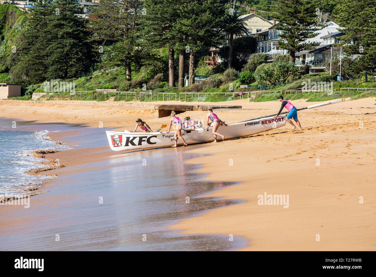 Traditional timber surf boat with female womens rowing team,Newport ...