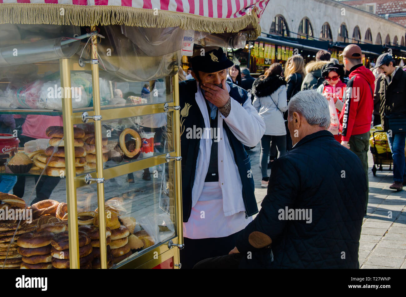 Istanbul, Turkey, March 07, 2019: seller of Turkish bagel in ...