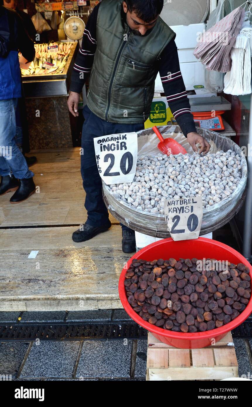 Istanbul, Turkey, March 07, 2019: street market seller with his goods ...
