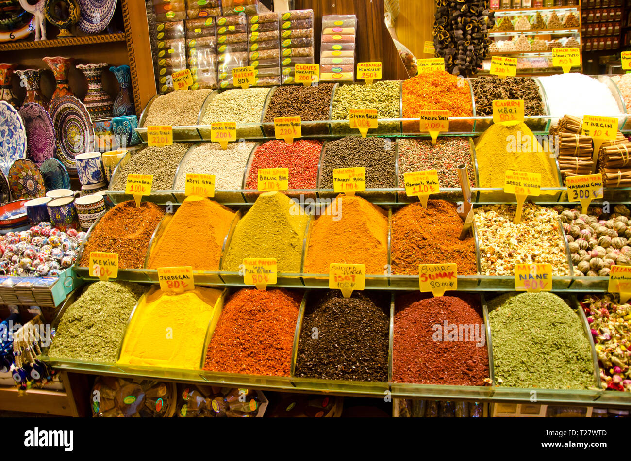 Istanbul, Turkey, March 07, 2019: In front of store selling colorful ...