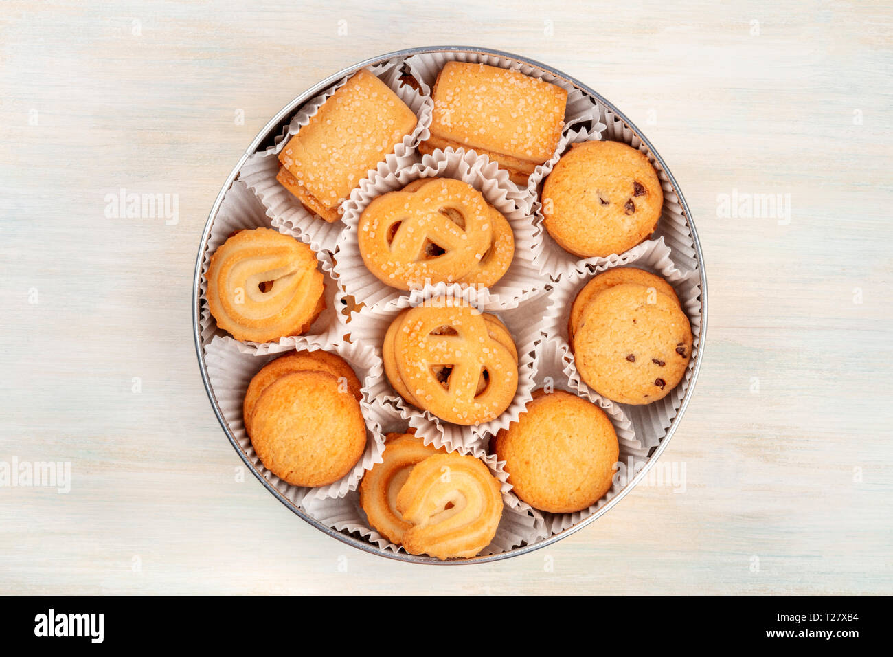 Danish butter cookies in the traditional tin box, shot from above on a ...