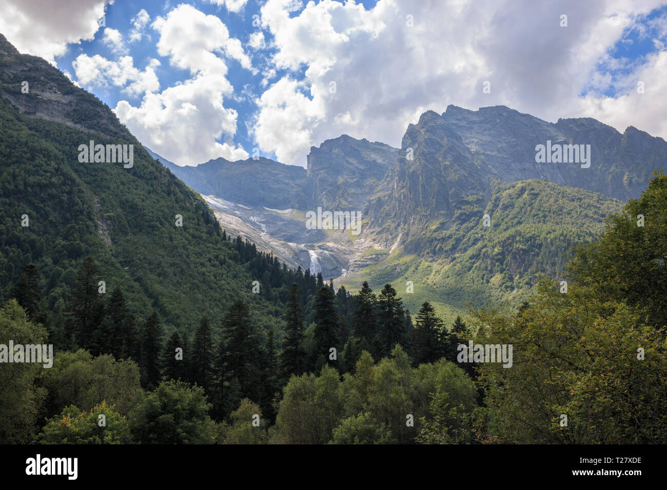 Panorama view on mountains scene and far away waterfall in national ...