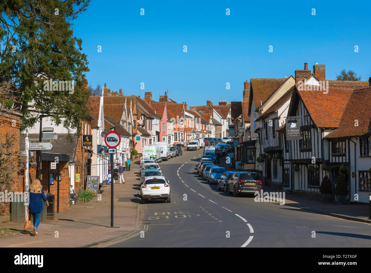 Lavenham Suffolk, view in summer of traditional buildings and shops ...