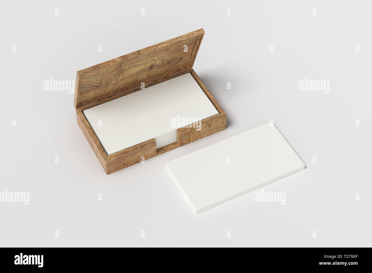 Wooden business card box holder with blank business cards in stack on ...