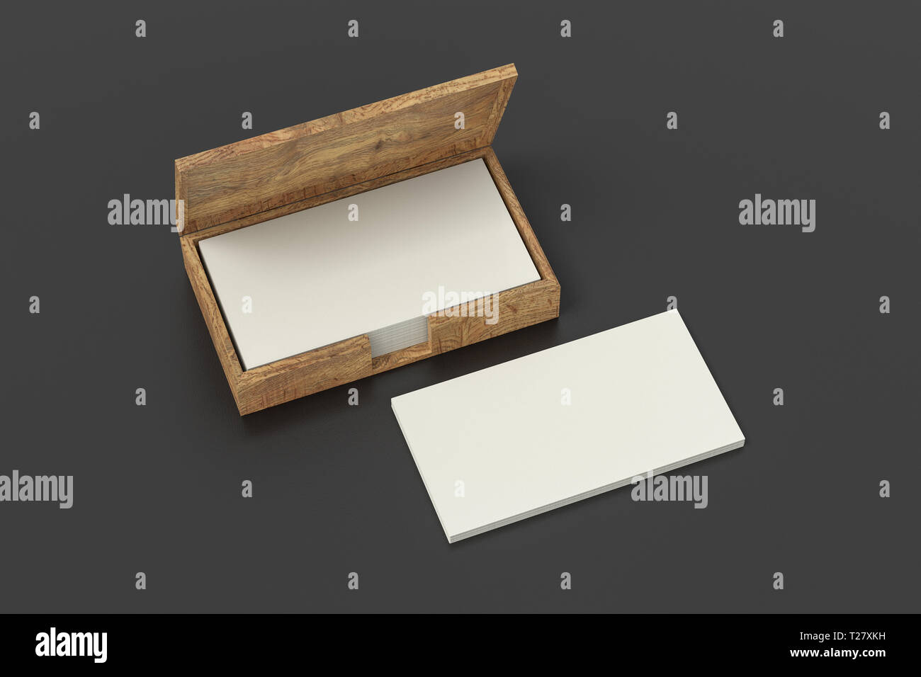 Wooden business card box holder with blank business cards in stack on ...