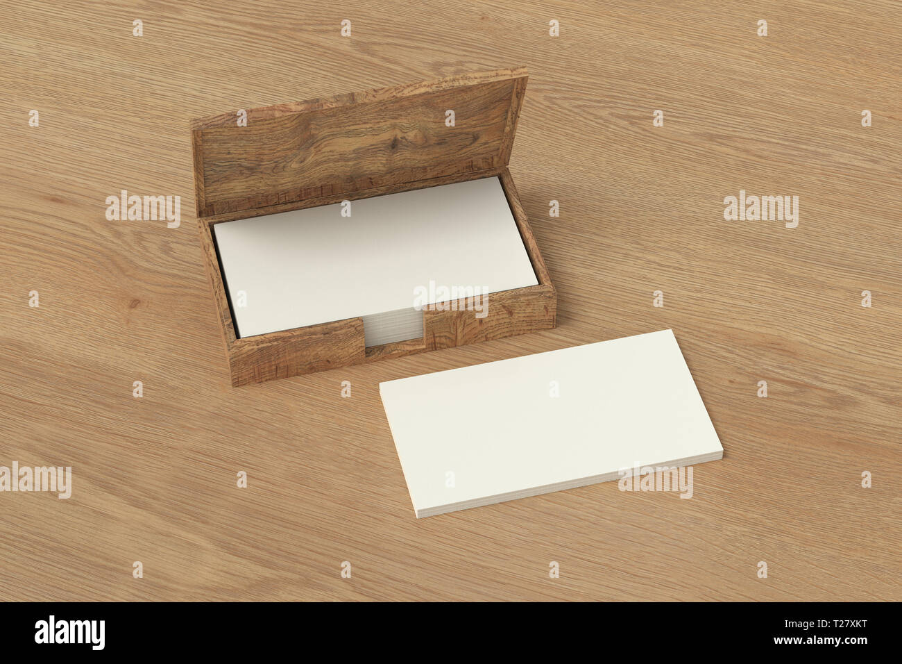 Wooden business card box holder with blank business cards in stack on ...