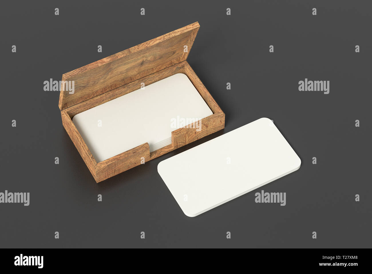 Wooden business card box holder with blank business cards with round ...