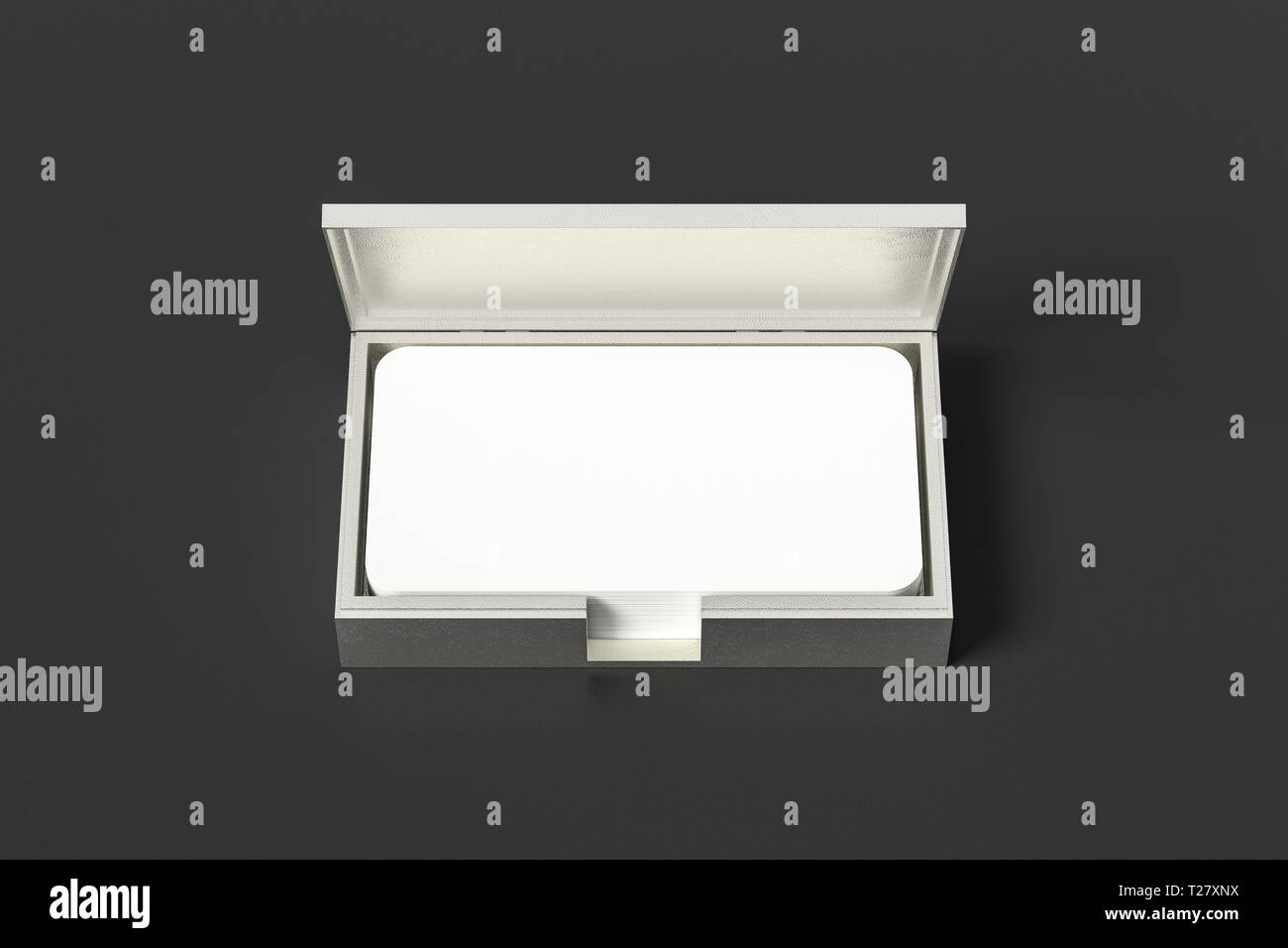 Silver business card box holder with blank business cards with round ...