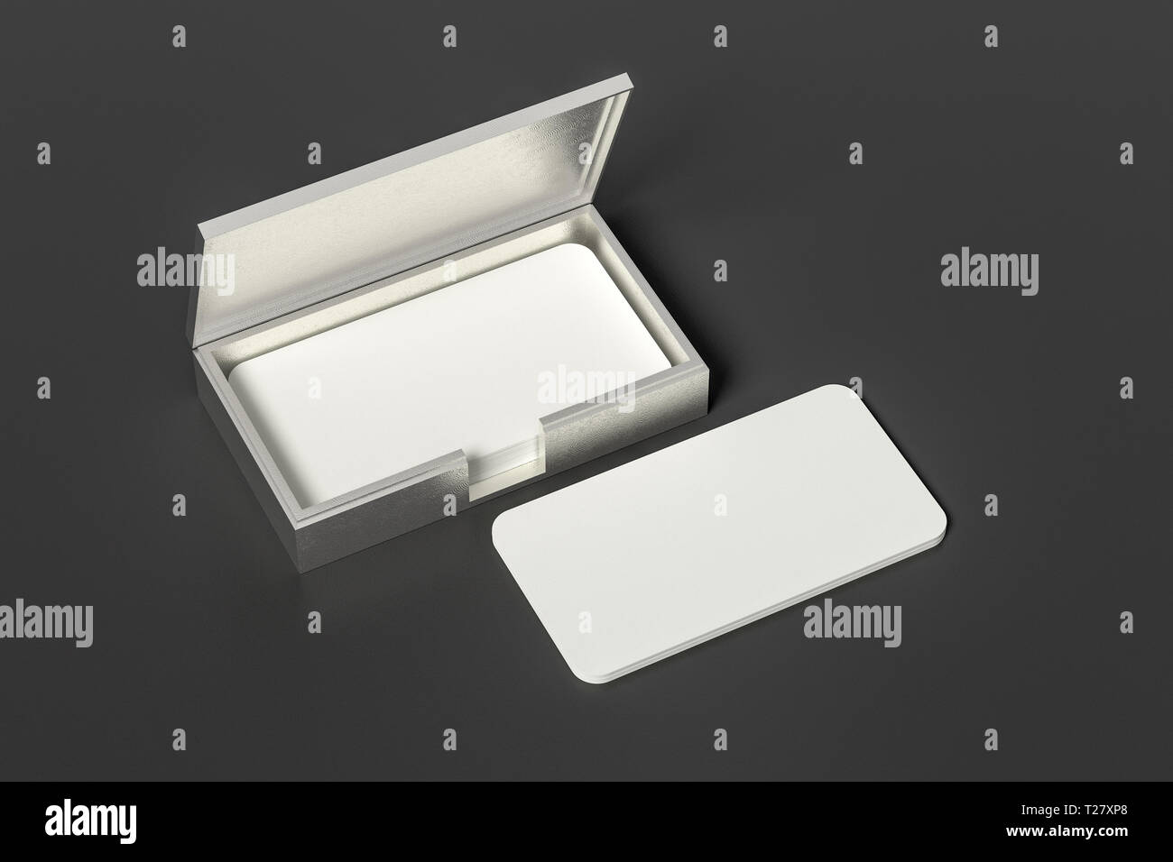 Silver business card box holder with blank business cards with round ...