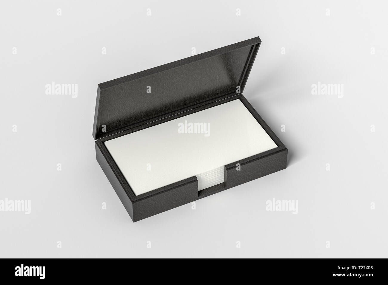 Black leather business card box holder with blank business cards in ...