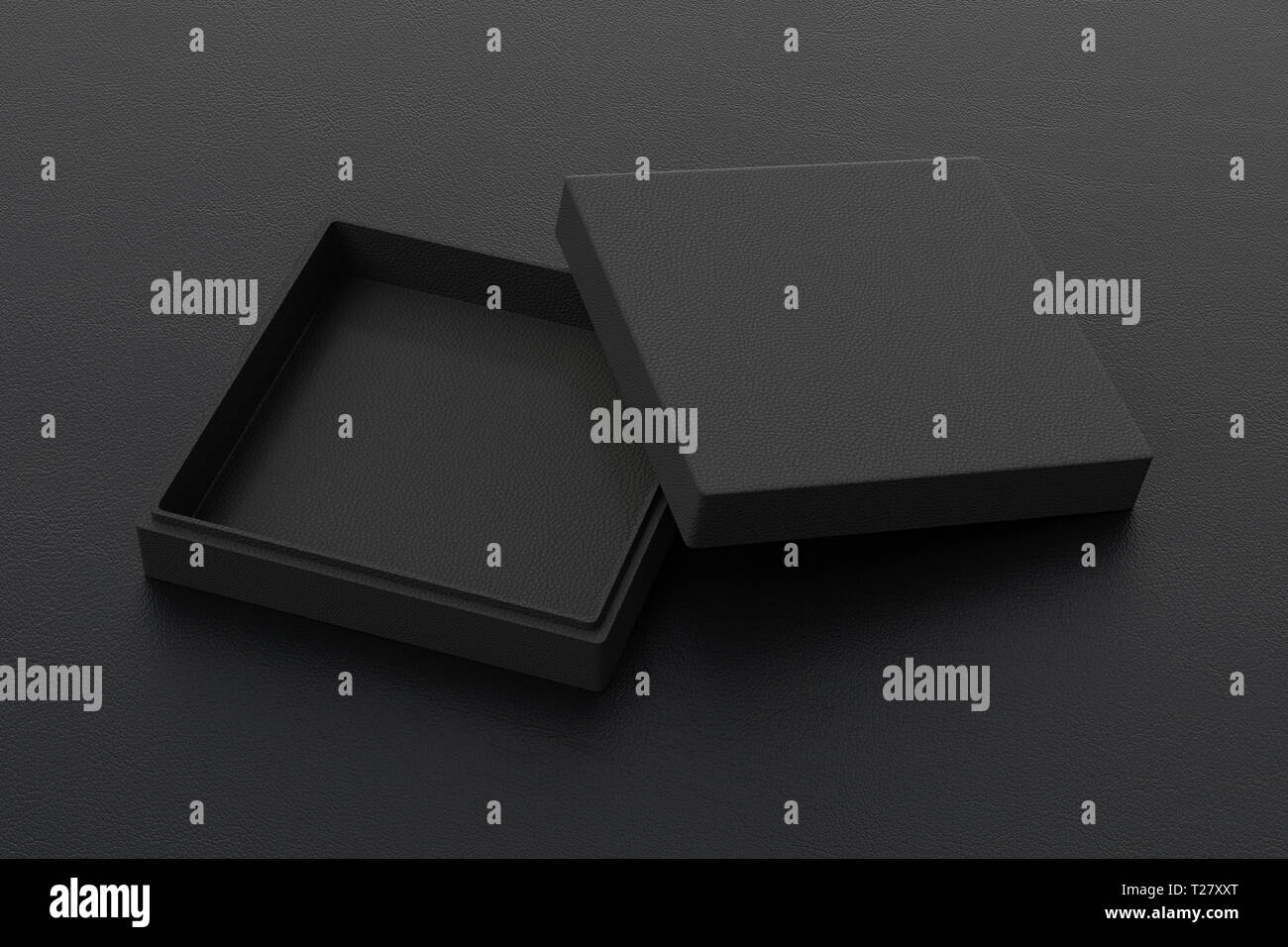 Empty flat black leather square box on black background Stock Photo - Alamy