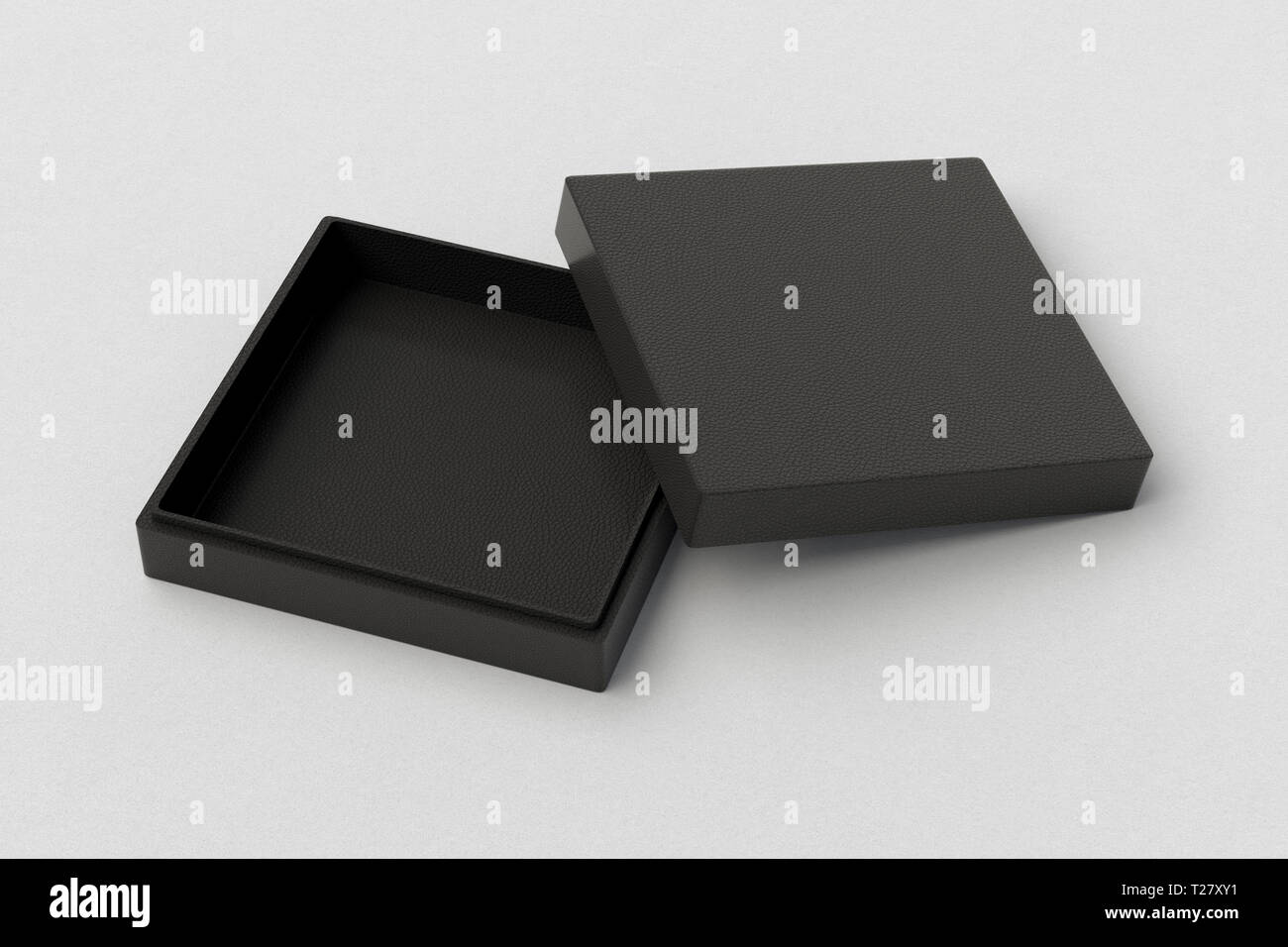 Empty flat black leather square box on white background. 3d ...