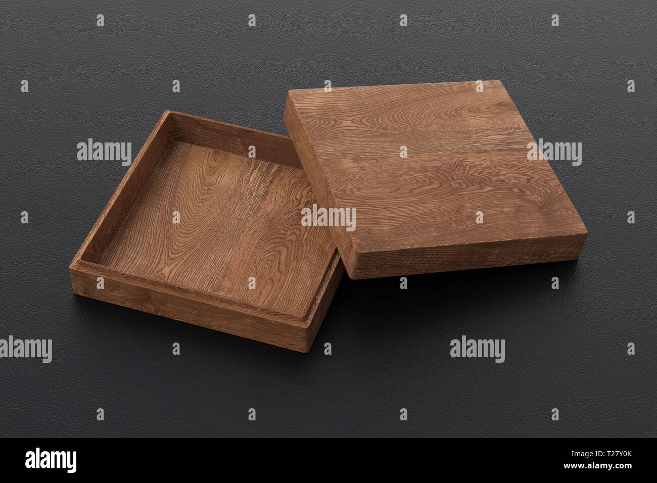 Empty flat dark wooden square box on black background. 3d illustration ...