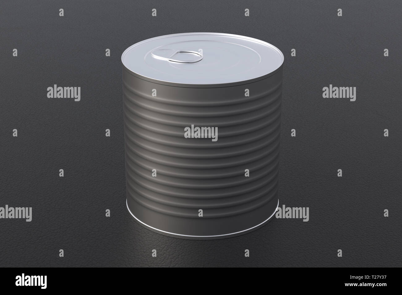 Blank ribbed tin can food container with easy open pull ring on black ...