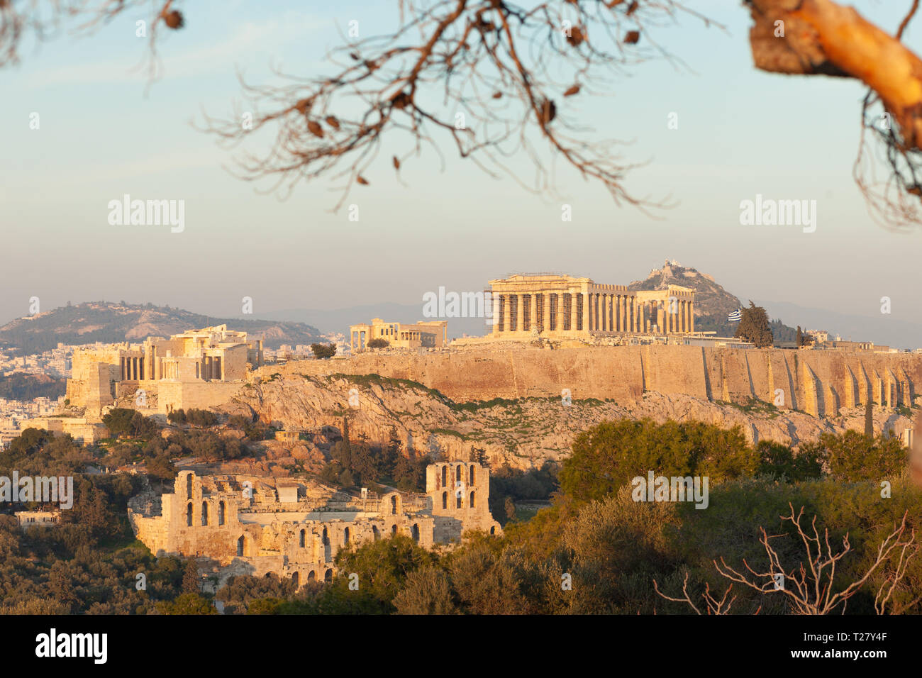 The Acropolis of Athens, Greece, with the Parthenon Temple. View from Filopappou Hill on sunset ...