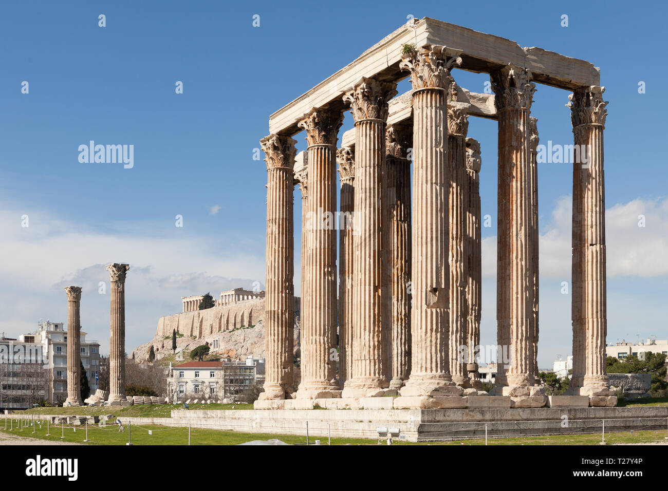 Temple of Olympian Zeus and Acropolis hill in Athens, Greece Stock ...