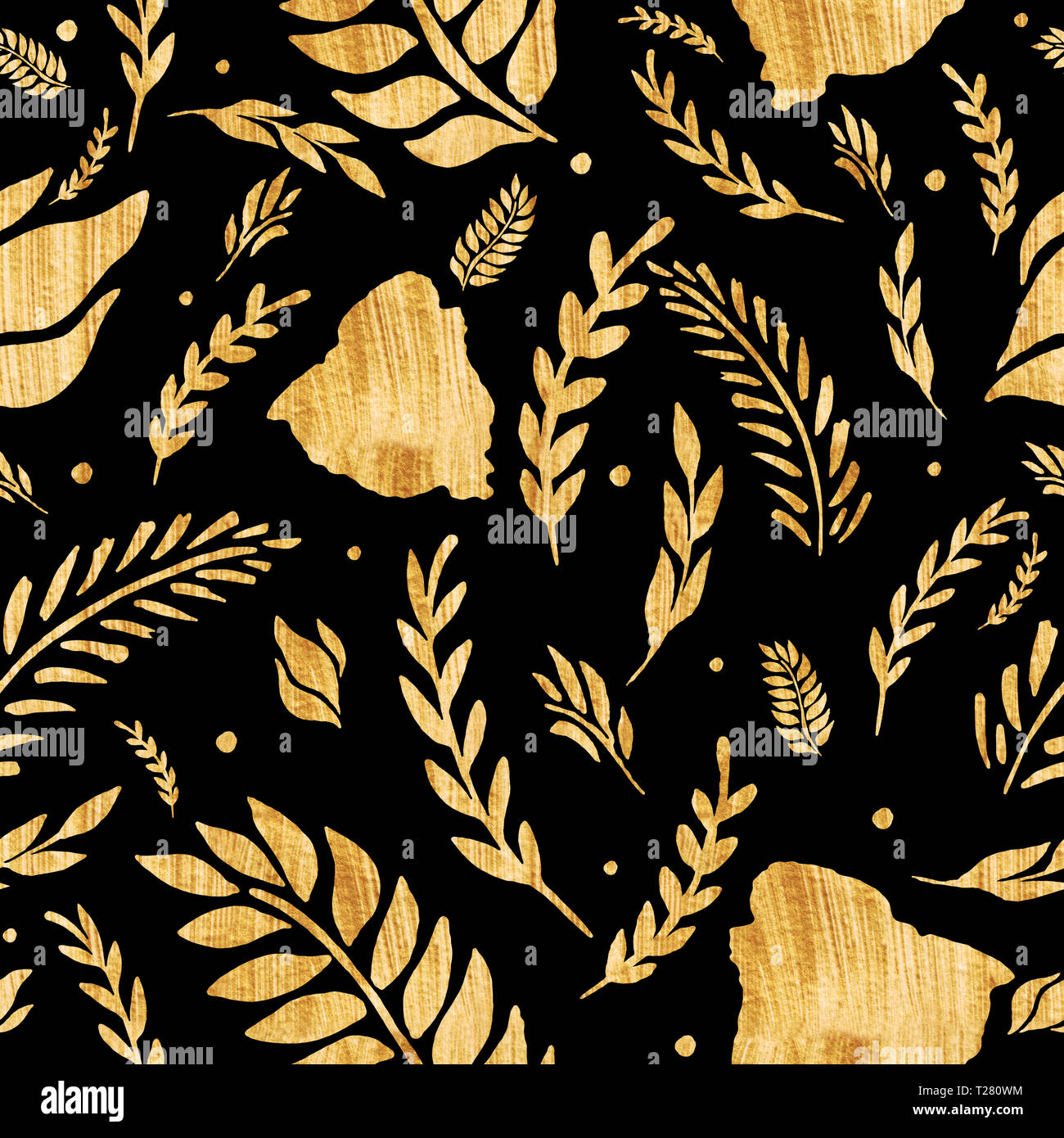Watercolor seamless pattern spring gold leaves branches spots. Plant ...