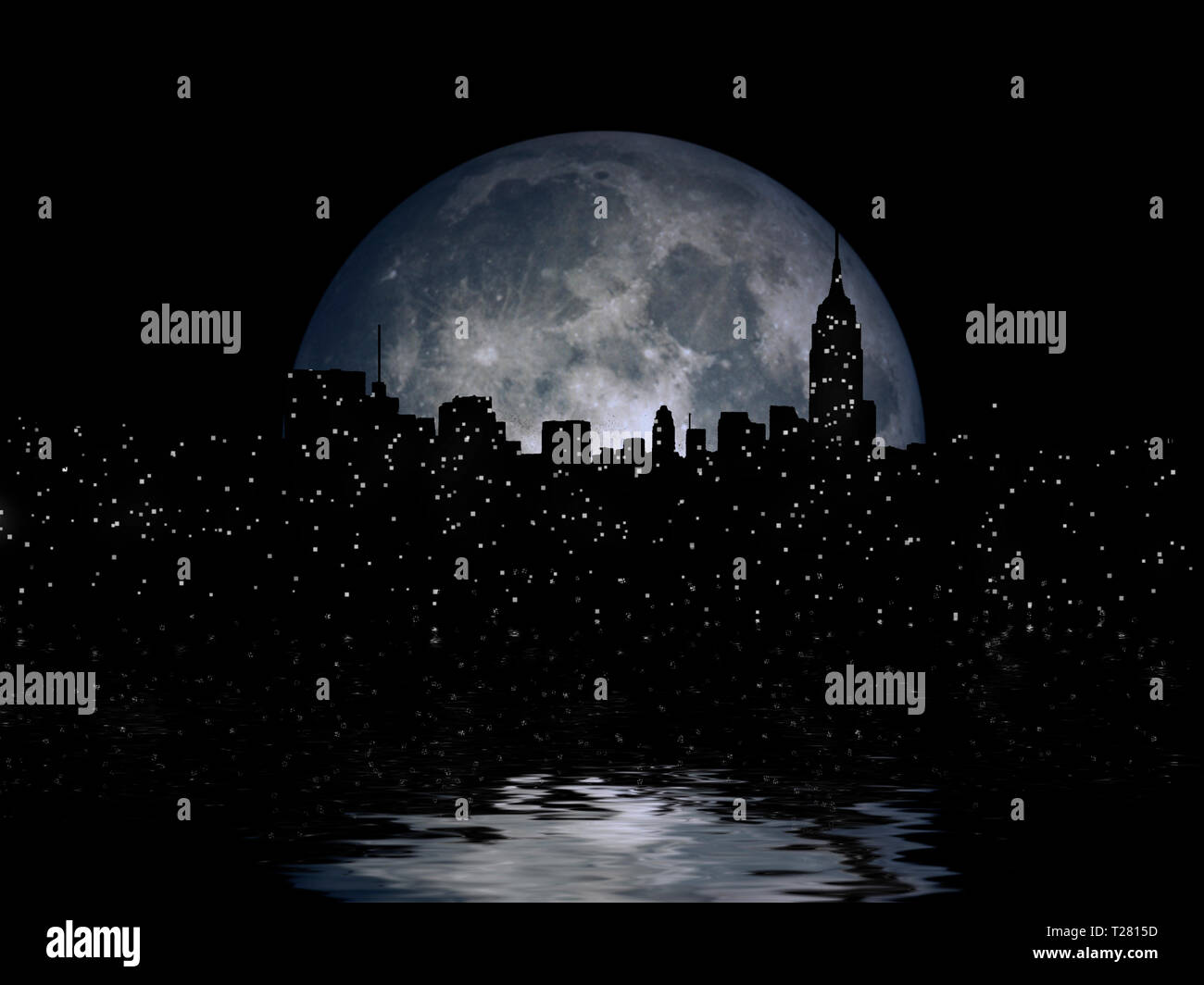 3D rendering. Full moon over night city Stock Photo - Alamy