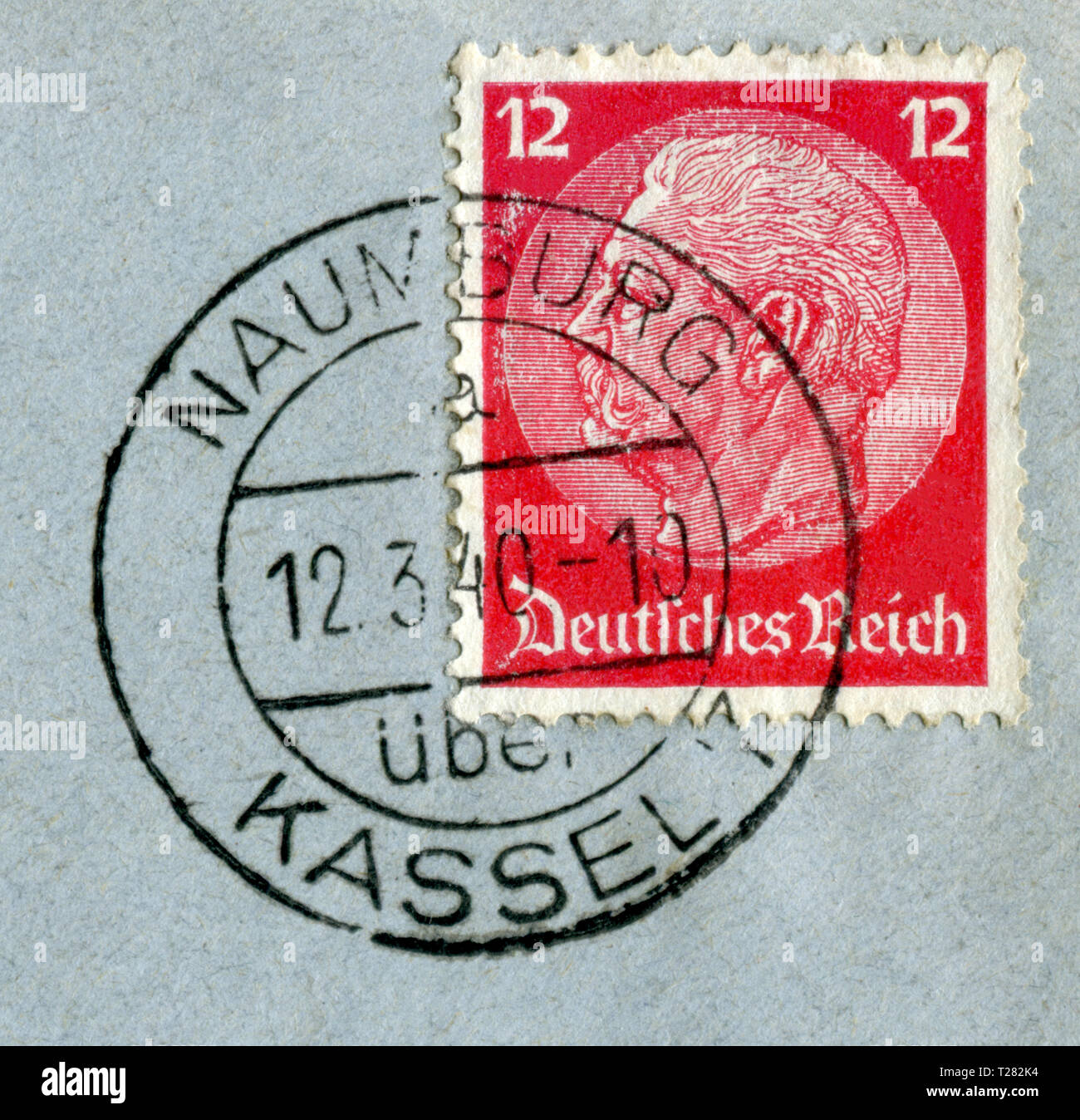 German historical stamp: Paul von Hindenburg on a blue postal envelope ...