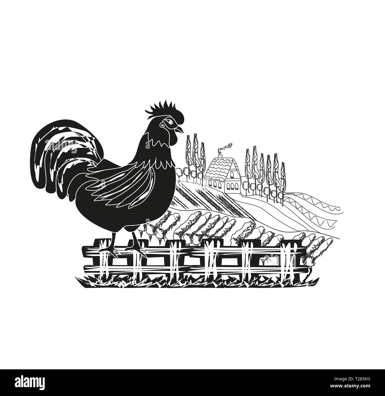 Farm scene with a rooster Stock Vector Image & Art - Alamy