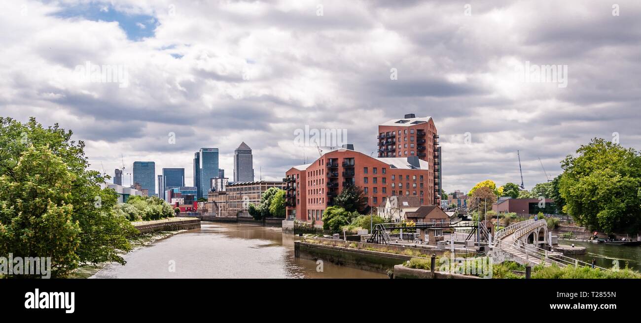 Bow Locks in East London with Canary Wharf in the background, London ...