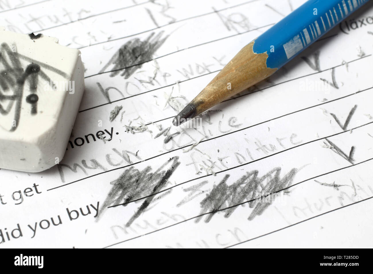 A failed test for a student in English with blah and pencil. Photo ...